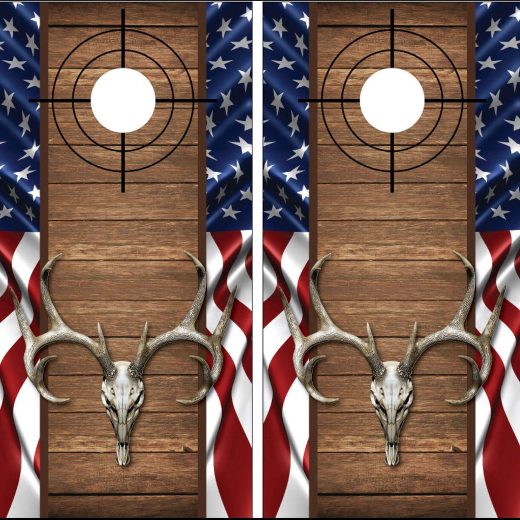 Buck Deer Skull on Wood Planks with US Flag – TexasCornholeGames